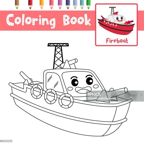 색칠 하기 페이지 파이어 보트 만화 캐릭터 원근 보기 벡터 일러스트 0명에 대한 스톡 벡터 아트 및 기타 이미지 0명 3