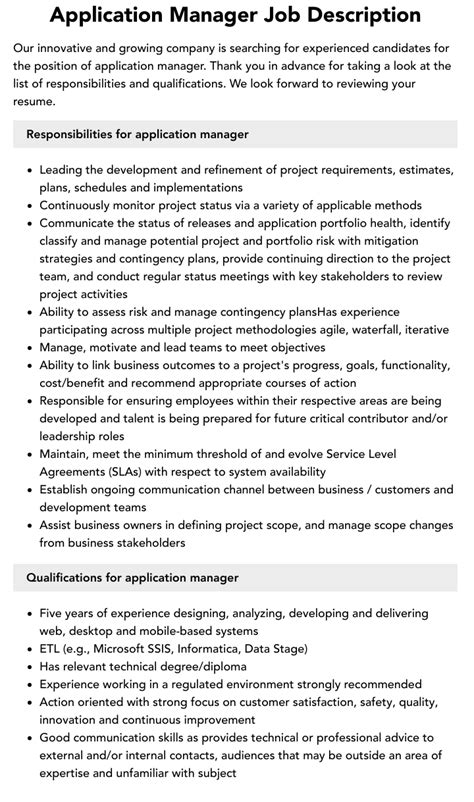 Application Manager Job Description Velvet Jobs