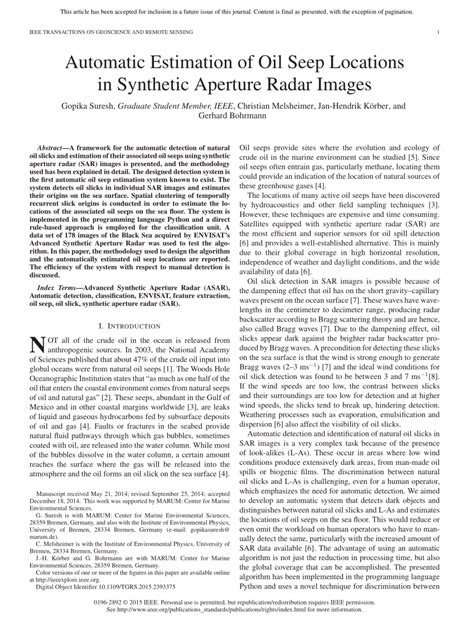 Pdf Automatic Estimation Of Oil Seep Locations In Synthetic Aperture Radar Images