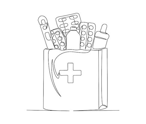종이 봉투에 있는 약의 연속 한 선 그리기 간단한 의약품 약국 케어 라인 아트 벡터 그림 프리미엄 벡터