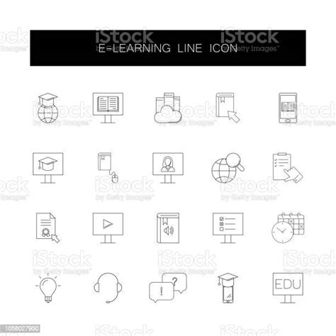라인 아이콘 세트입니다 E러닝 팩입니다 벡터 일러스트 레이 션 거리가 먼에 대한 스톡 벡터 아트 및 기타 이미지 거리가 먼
