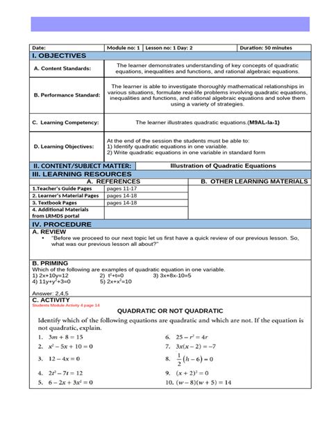 G9 Lp Module 1 Lesson 12 Illustration Of Quadratic Equation Pdf
