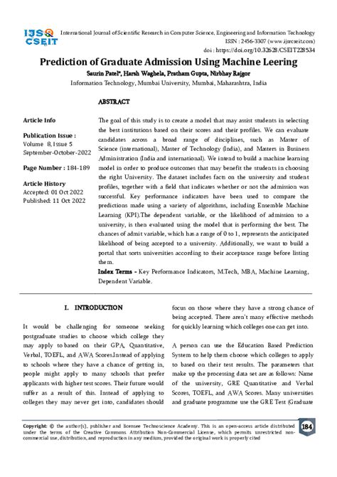 Pdf Prediction Of Graduate Admission Using Machine Leering
