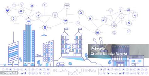 다른 아이콘 및 요소와 스마트 시티 개념입니다 도시 생활에 대 한 설계 기술입니다 혁신 및 사물의 인터넷의 그림입니다 것 들 스마트 시티의 인터넷 도시에 대한 스톡 벡터