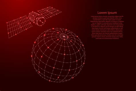 위성 인공 배너 포스터 인사말 카드에 대한 미래의 다각형 빨간색 선과 빛나는 별에서 전 세계를 비행하고있다 벡터 그림입니다 0명에 대한 스톡 벡터 아트 및 기타 이미지