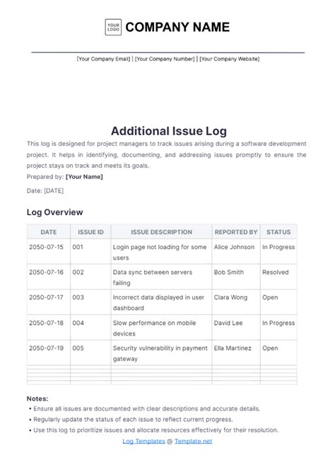 Free Additional Issue Log Template To Edit Online