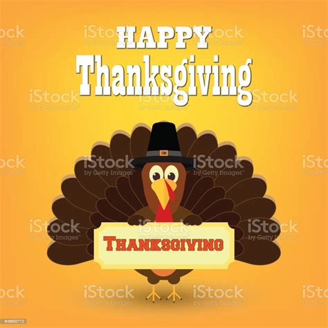 즐거운 추수 감사절 축 하에 대 한 터키 조류의의 화려한 만화 추수 감사절 터키 새 추수 감사절 텍스트에서 순례자의 모자를 쓰고 벡터 일러스트입니다 머리에 대한 스톡 벡터