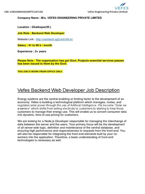 Jd For Backend Web Developer Hiring Pdf Databases World Wide Web