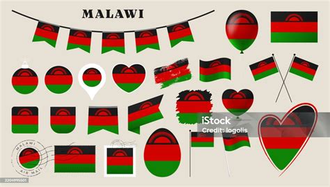 말라위 국기 세트입니다 심장 방패 부활절 달걀 위치 원 소인 그런 지 광장 원형 및 직사각형 벡터 일러스트 레이 션과 같은 다양한 모양의 다양한 국기 컬렉션 0명에 대한