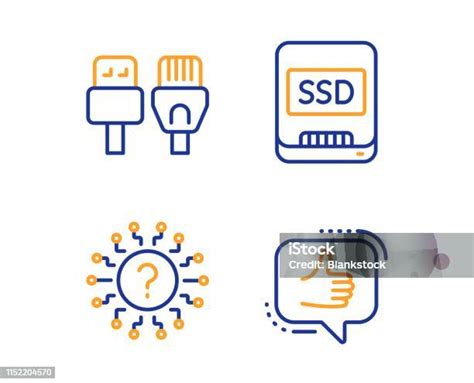 컴퓨터 케이블 물음표 및 Ssd 아이콘을 설정 합니다 기호 처럼 Rj45 인터넷 퀴즈 채팅 메모리 디스크 만족해 하다 벡터