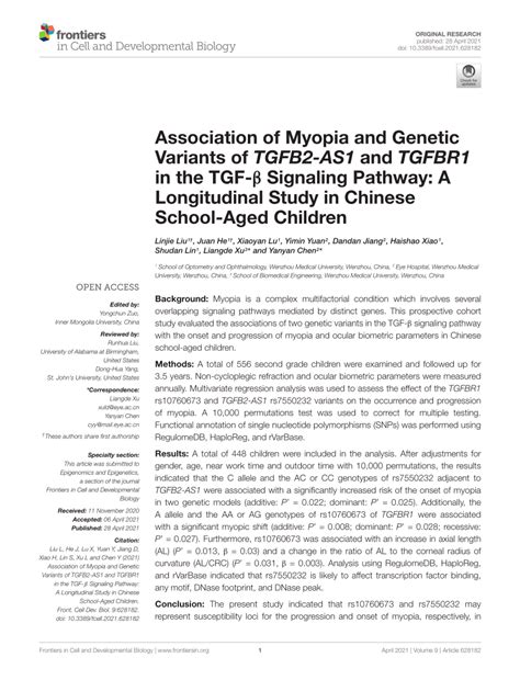 Pdf Association Of Myopia And Genetic Variants Of Tgfb2 As1 And