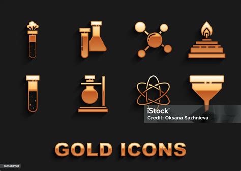 시험관 플라스크를 스탠드 알코올 또는 스피릿 버너 깔때기 필터 원자 화학 물질 분자 및 아이콘에 설정합니다 벡터 가열장치에 대한 스톡 벡터 아트 및 기타 이미지 Istock