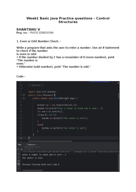 Java Practice Questions No Ra23110280101 84 1 Even Or Odd Number Check Write A Program