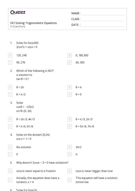 50 Trigonometric Equations Worksheets For 9th Class On Quizizz Free And Printable