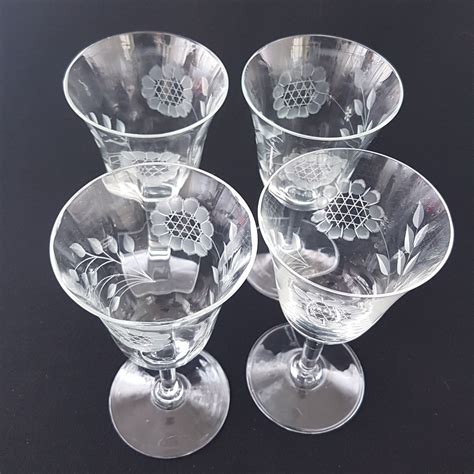 Hughes Cornflower Crystal Wine Glasses Etched 12 Petal Cornflower