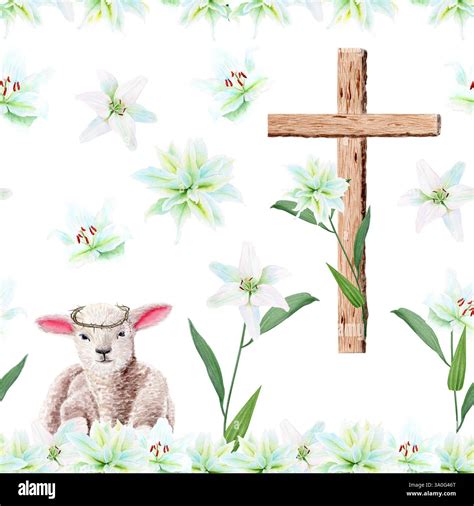Wooden Cross Lamb With Crown Of Thorns And White Lily Watercolor