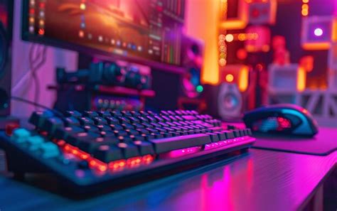 gamers place computer desk with gaming keyboard mouse and monitor rgb lighting premium ai