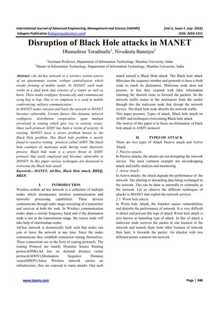 Disruption Of Black Hole Attacks In Manet Pdf Computer Networking Computing
