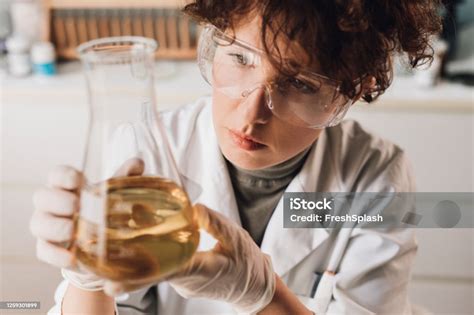 에렌마이어 플라스크에서 액체를 관찰하는 보호 장비를 착용한 젊은 여성 과학자 Stem 주제에 대한 스톡 사진 및 기타 이미지 Stem 주제 간호사 건강관리와 의술