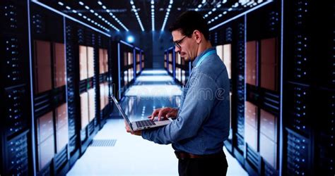 Happy Engineer In Data Center Server Room Configuring Ai Stock Image Image Of Room Digital