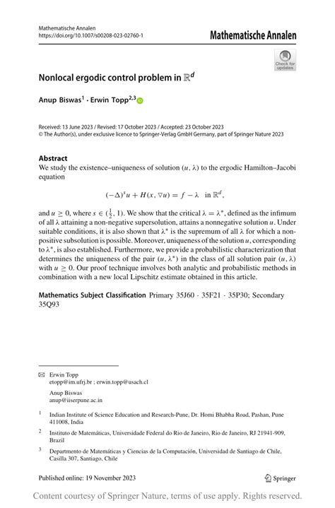 Nonlocal Ergodic Control Problem In Mathbb R D