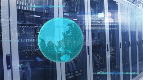 Animation Of Globe Profile Icons Mathematical Equations And Light Spots Against Server Room