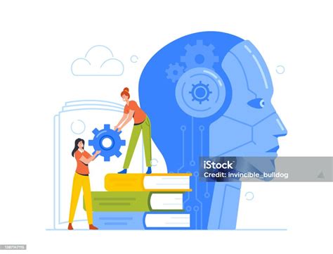 사이보그 및 기계 교육 프로세스 거대한 로봇 헤드에서 코그휠을 가진 작은 엔지니어 캐릭터 인공지능 엔지니어에 대한 스톡 벡터 아트 및 기타 이미지 Istock