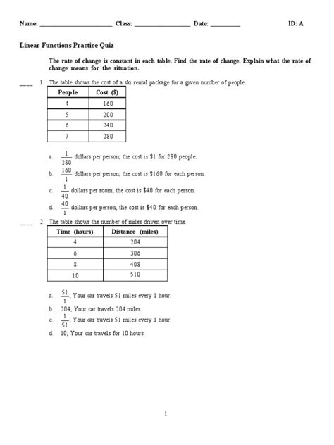 Linear Functions Quiz Practice Pdf Derivative Elementary Mathematics