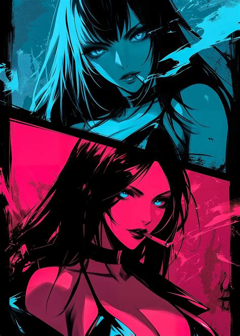 Anime Girls Smoking In Pink And Blue Poster Picture Metal Print
