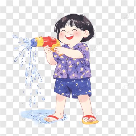 귀여운 아기는 물총으로 물을 행복하게 뿌렸다 만화 어린 소년 송크란 Png 일러스트 및 이미지 에 대한 무료 다운로드 Pngtree