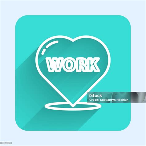 흰색 선 긴 그림자로 격리 된 텍스트 작업 아이콘이있는 심장 녹색 사각형 버튼입니다 벡터 일러스트레이션 개념에 대한 스톡 벡터