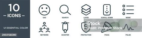 Ui 기본 색상 개요 아이콘 세트에는 얇은 선 슬프고 검색 레이어 아래로 스크롤 더 네트워크 보고서 프리젠 테이션 다이어그램 웹 디자인을위한 스쿠터 아이콘이 포함됩니다