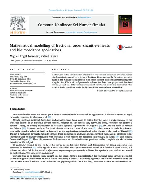 Pdf Mathematical Modelling Of Fractional Order Circuit Elements And Bioimpedance Applications