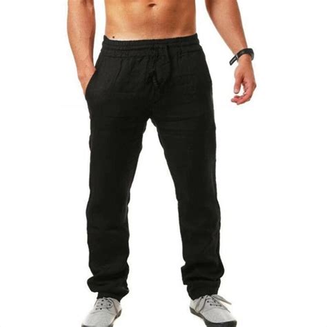 Besolor Cotton Linen Pants For Men Elastic Waist Drawstring Straight