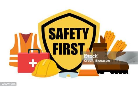 안전 제일의 개념 엔지니어 헬멧 안전 신발 조끼 보호 안경 및 장갑은 흰색 배경에 평면 디자인입니다 고급에 대한 스톡 벡터 아트