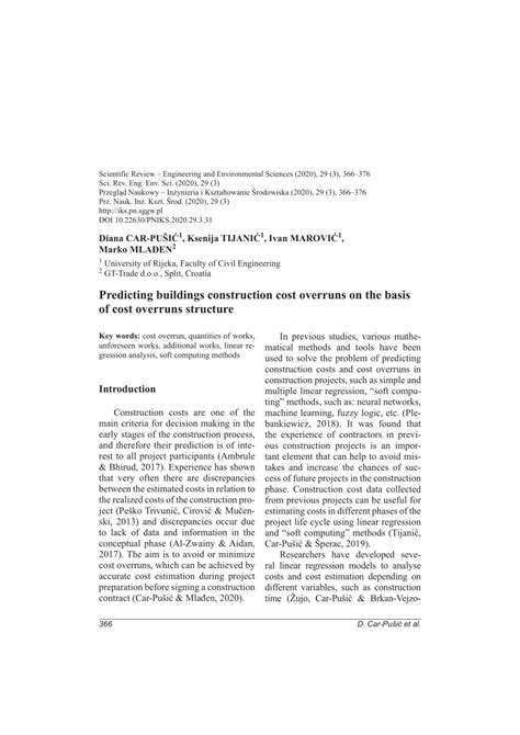 Pdf Predicting Buildings Construction Cost Overruns On The Basis Of Cost Overruns Structure