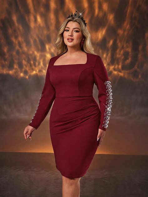Shein Belle Plus Size Elegant Romantic Wine Red Square Neck Long Bubble