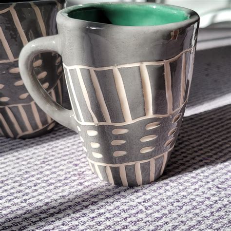 Handmade Sgraffito Ceramic Mug Set Abstract Black And White Design Etsy