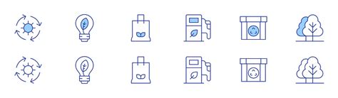 생태 아이콘은 Duotone 및 Thin Line 스타일의 두 가지 스타일로 설정됩니다 편집 가능한 스트로크 에코 포장 녹색 에너지 태양 에너지 나무 0명에 대한 스톡 벡터