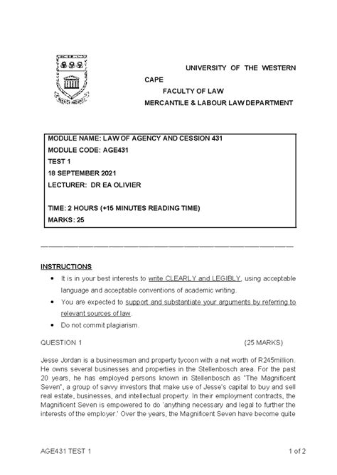 Age Test Test UNIVERSITY OF THE WESTERN CAPE FACULTY OF LAW MERCANTILE LABOUR LAW