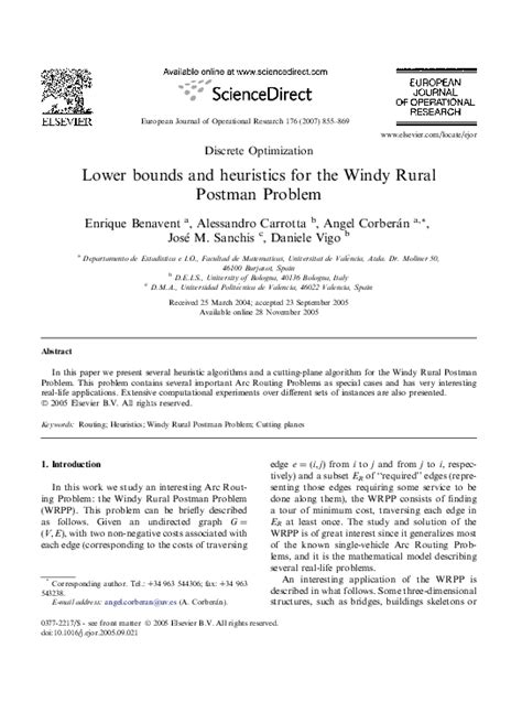 Pdf Lower Bounds And Heuristics For The Windy Rural Postman Problem