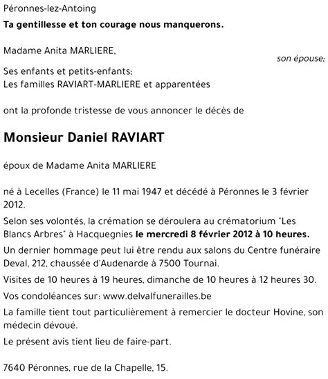 Avis De Décès De Daniel Raviart Décédé Le 03022012 à Péronnes Lez