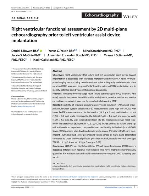 Pdf Right Ventricular Functional Assessment By 2d Multi‐plane Echocardiography Prior To Left