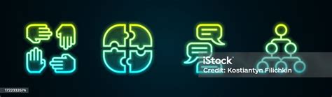 라인 프로젝트 팀 베이스 퍼즐 조각 말풍선 채팅 및 계층 조직 차트를 설정합니다 빛나는 네온 아이콘입니다 벡터 Brand Name Online Messaging