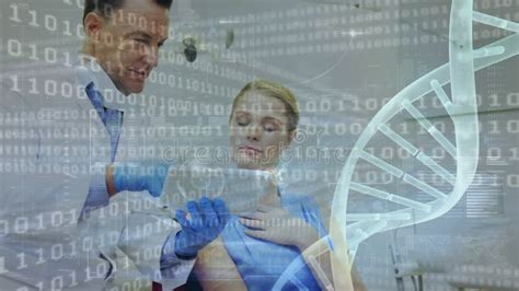 Animation Of Graphical Dna Helix And Binary Data Over Caucasian Doctors