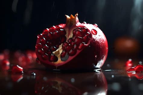 Premium Ai Image Ripe Pomegranate With Juicy Seeds On Old Wooden Table Neural Network Ai Generated