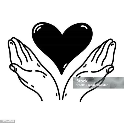 심장 벡터 아이콘을 들고 인간의 손 흰색 배경에 격리 된 손으로 그린 그림 건강 관리 사랑 희망 세계 평화의 상징 간단한 흑백 낙서 스케치 개념에 대한 스톡 벡터 아트 및