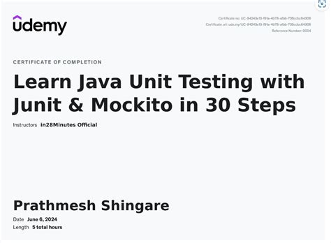 Completion Of Learn Java Unit Testing With Junit And Mockito Prathmesh Shingare Posted On The