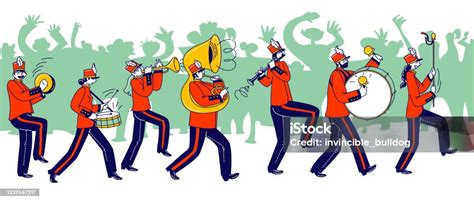 3월 퍼레이드 또는 공개 행사 기간 동안 트롬본 탬버린 드럼 악기를 연주하는 깃털과 함께 축제 레드 유니폼과 모자를 착용한 군사 오케스트라 캐릭터 선형 벡터 피플 일러스트