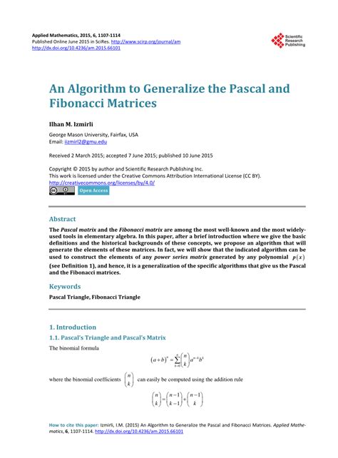 Pdf An Algorithm To Generalize The Pascal And Fibonacci Matrices